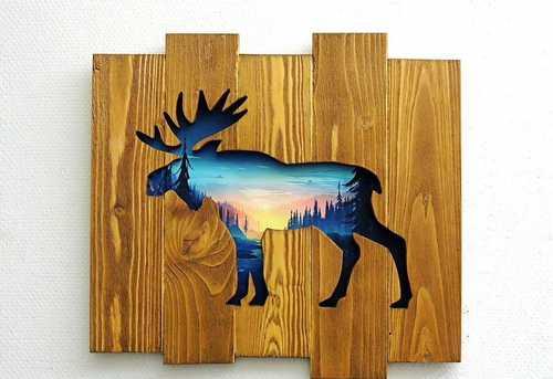 Картина панно из дерева "Северный лось"
