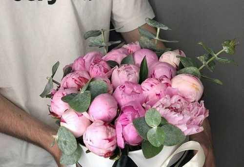 Букет из 19 розовых пионов с эвкалиптом в шляпной