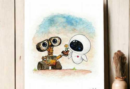 Картина на холсте Валли дарит цветочек Еве Wall-e