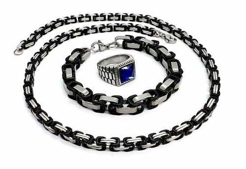 Мужской набор Византия цепь браслет перстень синий