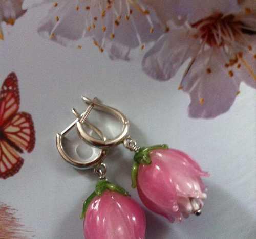 Серьги серебряные 925проба New с цветами из стекла