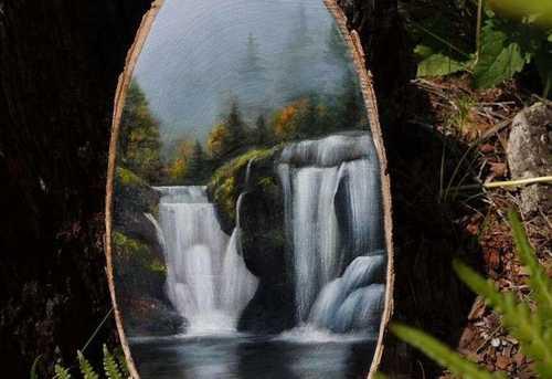 Лесной водопад. Картина маслом на спиле