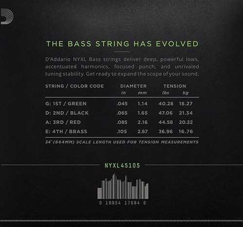 D'Addario nyxl45105 nyxl - Комплект струн для бас-гитары, Long Scale, L Top/Med Bottom, 45-105