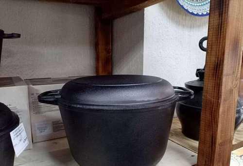 Чугунная кастрюля 6 л с крышкой сковородой