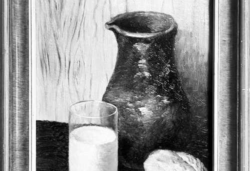 Картина маслом винтаж Натюрморт Хлеб с молоком