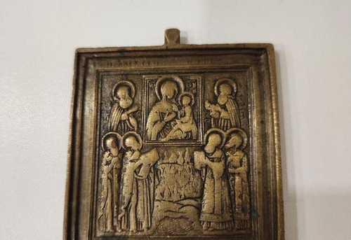 Старинная литая икона поклонение Богоматери Тихв