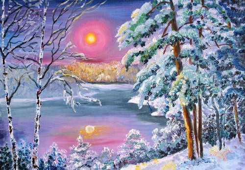 Картина Зимний лес Пейзаж «Сказка» маслом