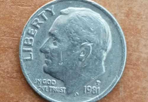 Монета ONE dime liberty1981 год