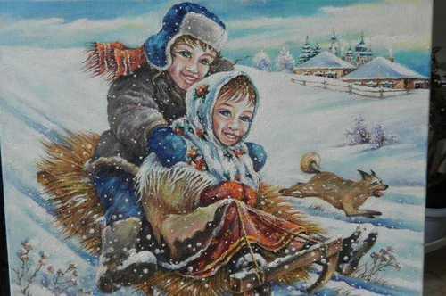 Картина масленница дети в санях -русская зима