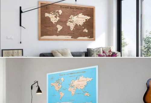 Деревянная карта мира в прямоугольной рамке