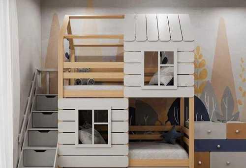 Двухъярусная кровать с лестницей из массива