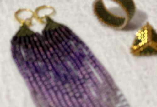 Серьги из бисера, бахрома, кольцо, брошь