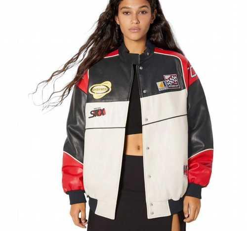 Бомбер Bershka Faux Leather Racing Bomber