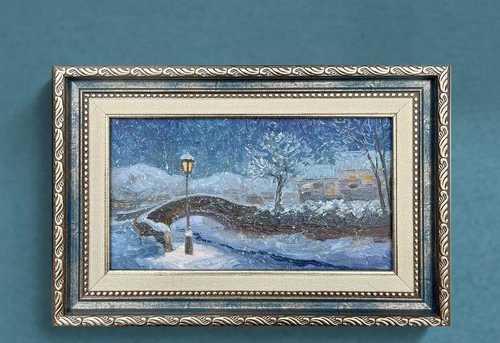 Картина маслом миниатюра "Зимняя ночь"