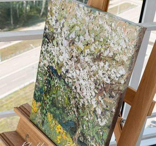 Картина маслом пейзаж с цветущими деревьями 30х40
