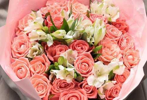 Букет из 26 розовых роз 35-40 см (Россия) и 7 белы