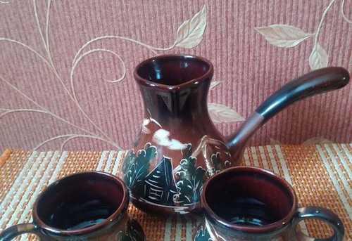 Набор кофейный турка и две чашки керамика