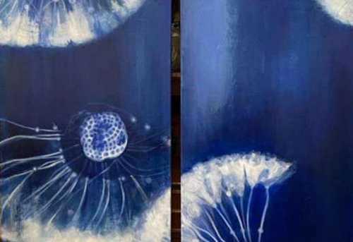 Картина интерьерная диптих одуванчики синие