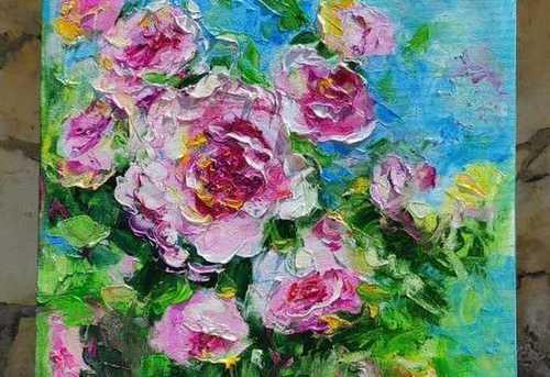 Картина маслом "Розовые розы", мастихин