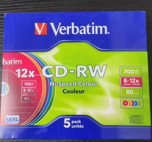 Болванки Диск CD-RW Verbatim 700Mb 12x 5шт Color