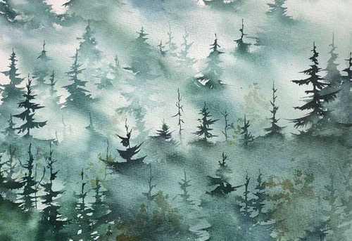 Картина акварелью "Лесной туман"