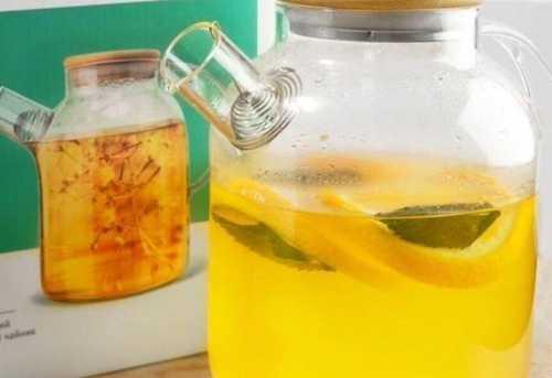 Чайник стеклянный 1,6л с бамбуковой крышкой