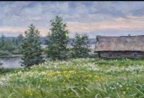 Картина пейзаж деревенский оргалит масло