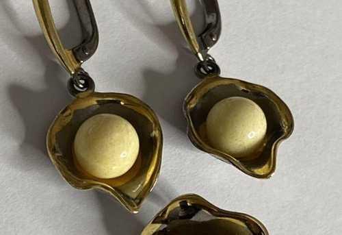 Серебряные серьги и кулон янтарь желток