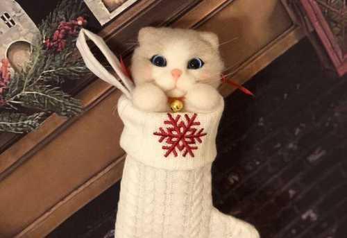 Котенок сноу-шу в новогоднем носке, валяние