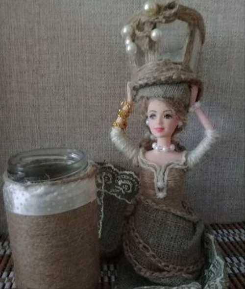 Подсвечник+Кукла-шкатулка ручной работы. Джут