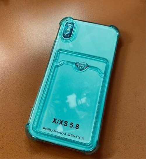 Чехол зелёный на iPhone X, XS с карманом для карты