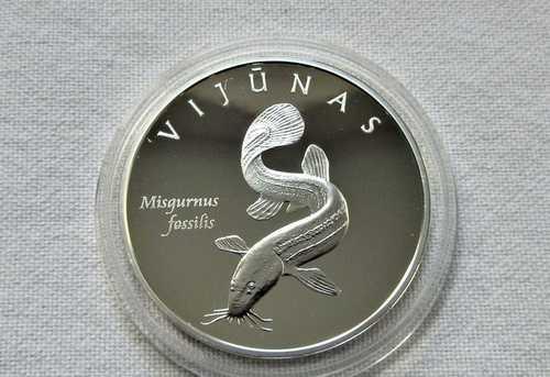 Литва 2010 г. 50 лит. Фауна Вьюн Серебро 925 пр
