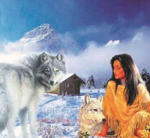 Алмазная мозаика 40x50 Девушка с волками на снегу