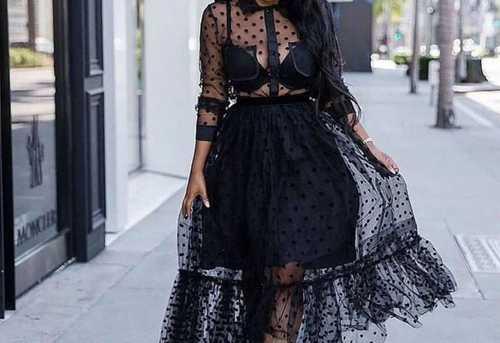 Платье сетка чёрное в горох H&M 42