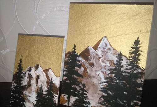 Картина "Ели в горах" на золотом