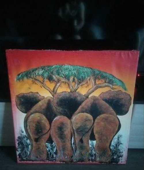 Картина (холст, масло) "Слоны на закате"