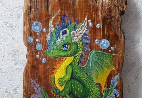 Картина "Дракон" на старом деревянном щите