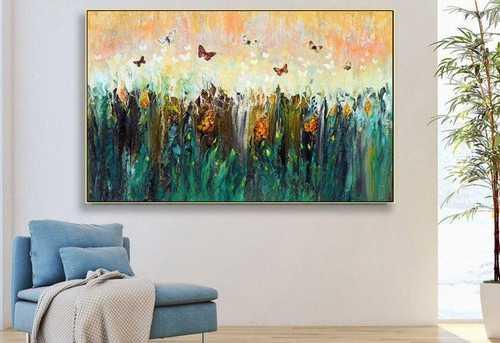 Картина маслом на холсте цветы поле бабочки пионы