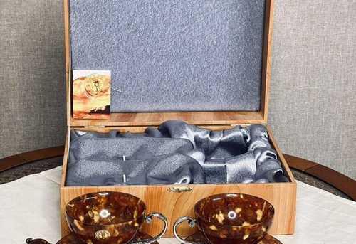 Чайный набор из янтаря с ложкой (серебро) купить