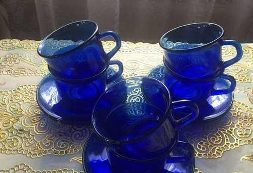 Чайно -кофейные пары 6 шт.Франция,синее стекло