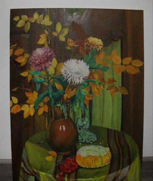 Копия картины "Хризантемы и осенние листья"