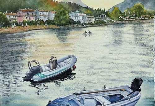 Картина акварель ручная работа Лодки на озере