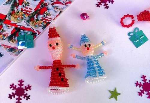 Ёлочные игрушки из бисера. Дед Мороз и Снегурочка