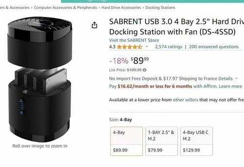 Sabrent USB 3.0 4 Bay 2.5” Hard Drive/SSD Docking