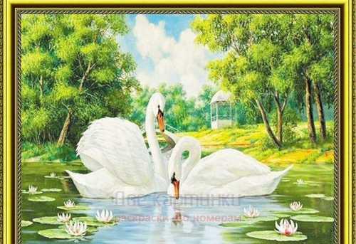 Алмазная мозаика 40x50 Белые лебеди на красивом оз