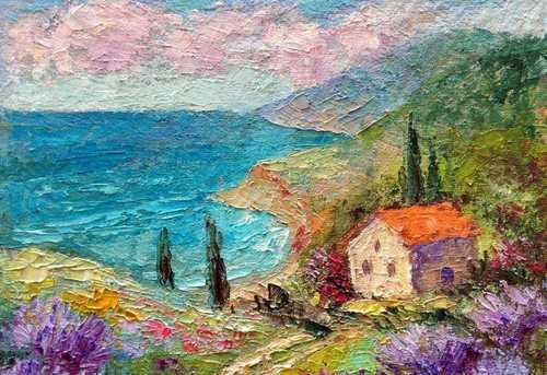 Картина Пейзаж с морем, домиком и лавандой Прованс