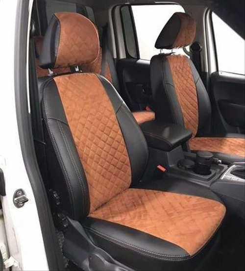 Чехлы Автопилот VW Amarok с коричневой алькантарой
