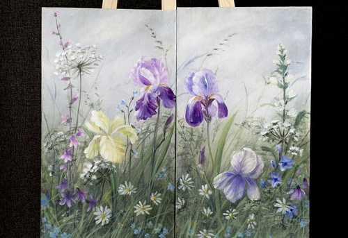 Картина диптих полевые цветы ирисы акрил холст