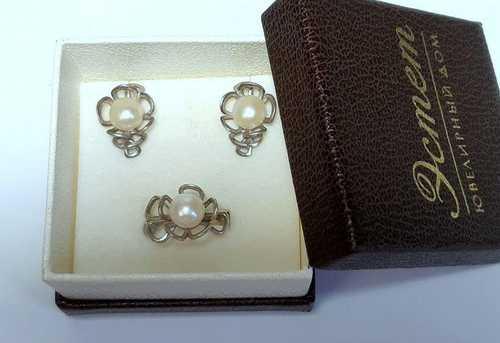 Серьги и кольцо с жемчугом серебро
