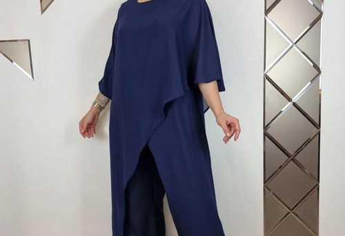 Женский брючный костюм с длинной туникой (54, сини
